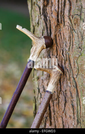 Traditional handcrafted wooden shepherds crook with whistle in deer ...