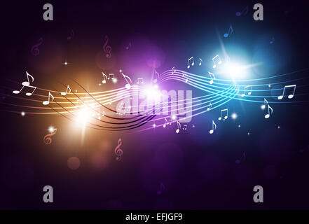 abstract music notes and blurry lights on bright multicolor background ...