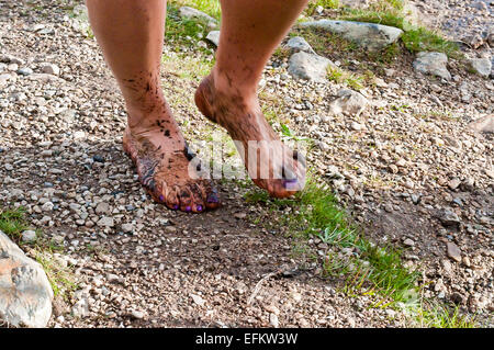A pilgrim climbs Croagh Patrick barefoot, County Mayo, Ireland Stock ...