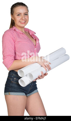 Woman holding drawing rolls Stock Photo - Alamy