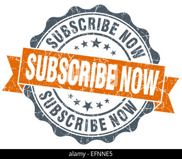 subscribe now orange round grunge stamp on white Stock Photo - Alamy