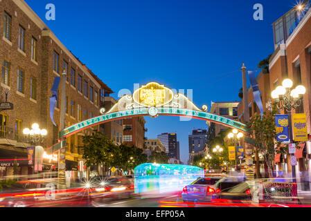 Gaslamp Quarter neon sign, looking down 5th Avenue at night. Downtown ...