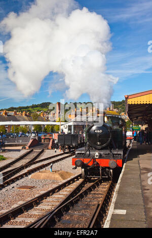 Preserved ex-GWR steam loco 6695 arriving at Williton station and ...