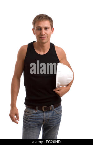 Engineer posing isolated over white background Stock Photo - Alamy