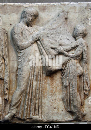 Parthenon. East side. 447-432BC. Greek Classical period. Frieze. The folding of the peplos ...