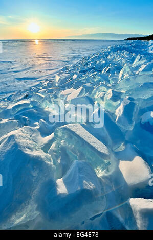 Ice pile of broken shelf ice, near the shore of Lake Baikal, Siberia ...