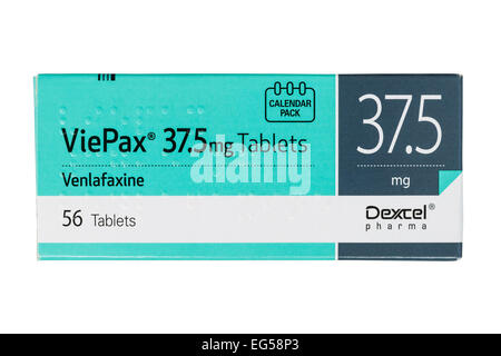 Box of Venlafaxine tablets, an antidepressant medication of the ...