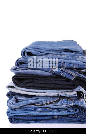stack of different kind of blue jeans, on white background Stock Photo ...