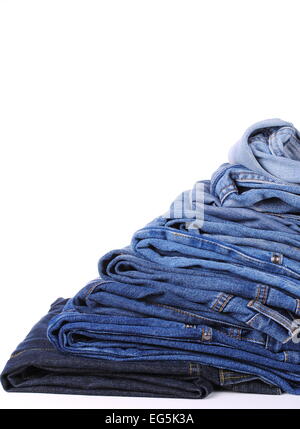 stack of different kind of blue jeans, on white background Stock Photo ...