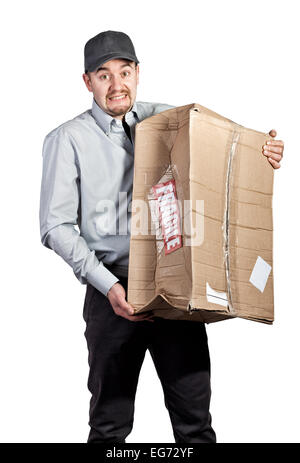 delivery man and broken parcel Stock Photo - Alamy