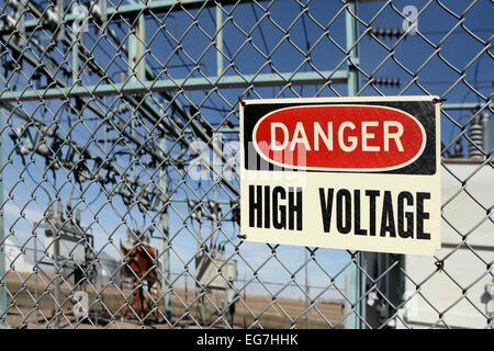 High voltage warning sign on high-voltage substation Stock Photo - Alamy