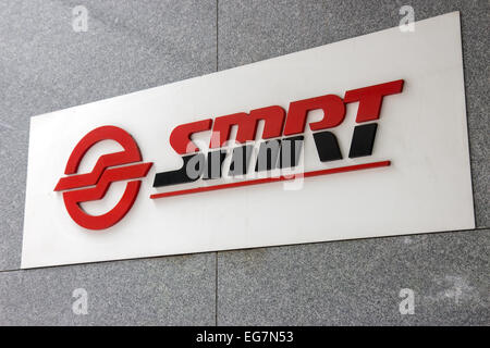 Sign of train transportation SMRT logo and wordings against red ...