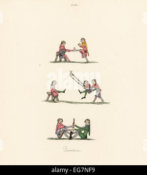 Quintain exercises, 14th century. A man attempts to unseat another man ...