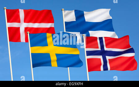 The Scandinavian flags of Denmark, Sweden, Finland, Iceland and Norway ...