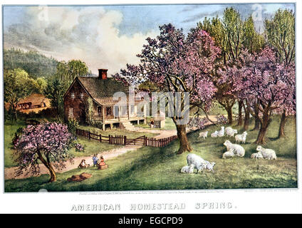 American Homestead, Spring, Currier & Ives, Lithograph, 1869 Stock ...
