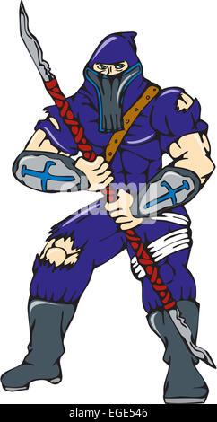Cartoon style illustration of a masked ninja warrior superhero holding ...