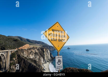 Warning Steep Slope Stay Back warning sign. Big Sur, California, United ...