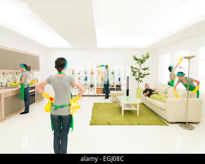 the same woman with different housework chores and also the job she has ...