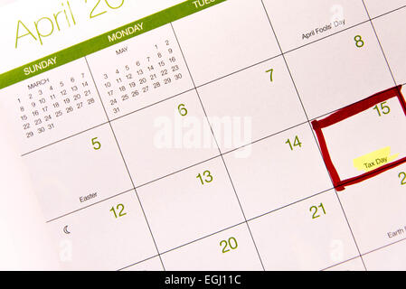 Calendar with a red box around Tax Day, April 15th Stock Photo - Alamy
