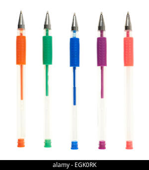 Close up of colorful gel pens arranged in rainbow palette order inside ...