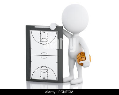 3d renderer image. White basketball coach with Clipboard and ball ...