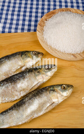 Salt preserved dried sardines next to a heap of salt Stock Photo - Alamy