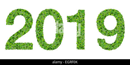 Year 2019, date made from green leaves isolated on white background ...
