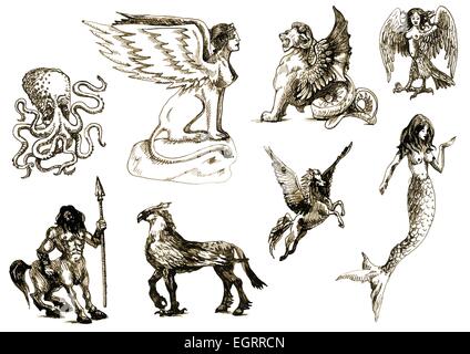 Magical creatures set. Mythological creature - mermaid. Doodle style ...