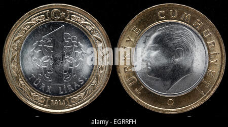 Both sides of the bi-metallic 1 Turkish lira coin (2013) with bust of ...