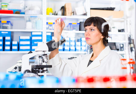 Scientist analyzing microscope slide at laboratory. Young woman ...