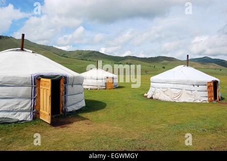 A traditional Mongolian yurt or ger which portable, round tent covered ...