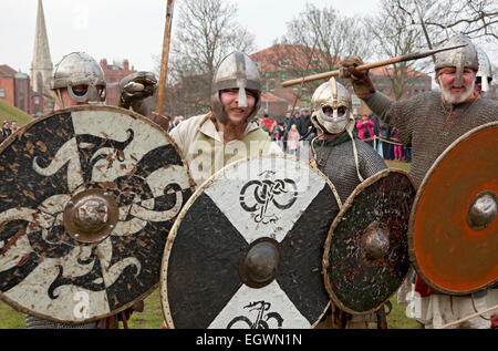 A close-up of a viking with shield and spear, Ribe, Denmark Stock Photo ...
