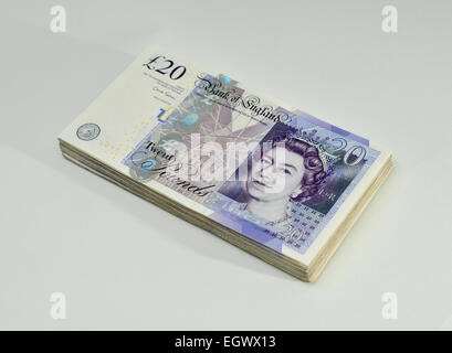 £1000 in £20 notes. A stack of 50 Twenty pound notes making a grand in ...