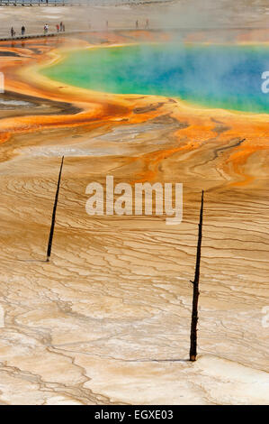 Tourists exploring geyser basin and mountains with cloudy sky in ...