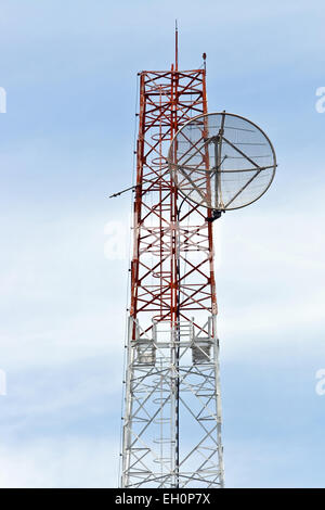Satellite Dish on Telecommunication Radio antenna Tower with blue sky ...