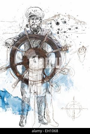 Captain - Helmsman. An hand drawn colored vector. (Editable in layers ...