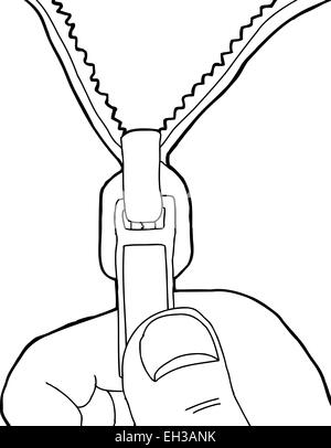 Outline cartoon of single hand pulling down a zipper Stock Photo - Alamy
