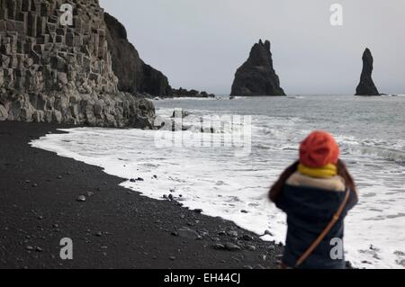 Iceland, Sudurland region, Reynisfjara beach, geometric basalt columns ...