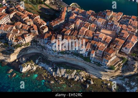 Aerial view of Bonifacio old town built on cliffs of white limestone ...