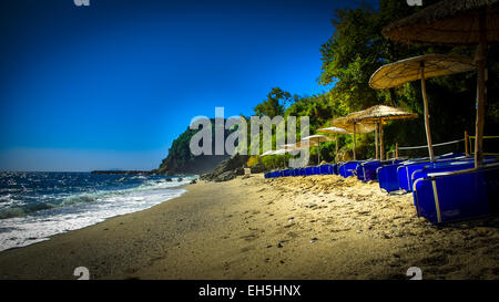 Plaka beach, Pelion, Greece. Sandy beach with rocks in Pilio, Greece ...