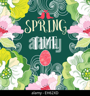 Floral background of bright spring flowers with butterflies on purple ...