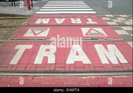 Tram crossing warning sign on Blackpool to Fleetwood tramway Stock ...