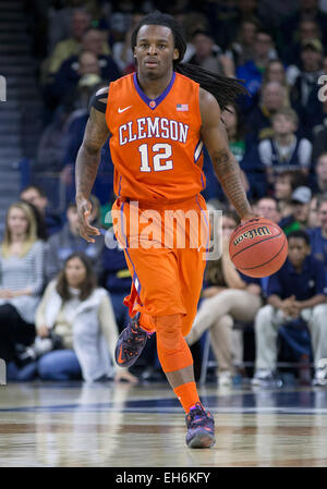 Clemson guard Rod Hall dribbles up court during an college basketball ...