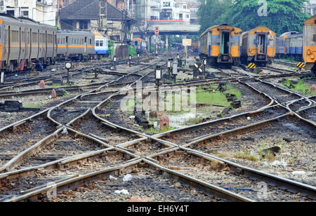 Mess up of crossing railway track junction at Bangkok Station Thailand ...