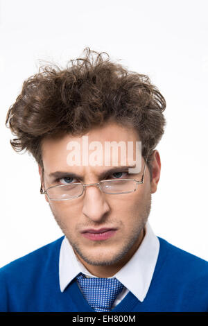 Rude furious man in glasses and white shirt having phone call and ...