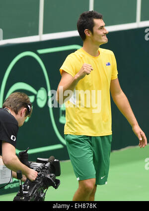 Lukas Rosol of the Czech Republic celebrates a point win over Jack Sock ...