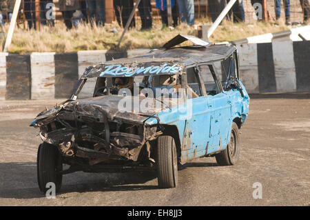 smashed up Volvo estate car after a banger race Stock Photo - Alamy