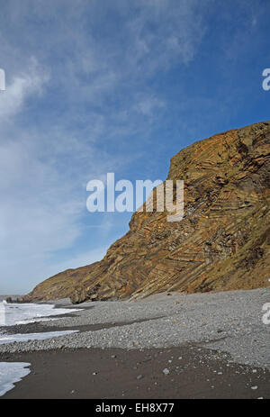 Millook , Cornwall. The cliffs display a series of recumbent chevron ...