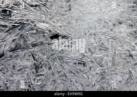 The crystalline structure of ice is visible as it forms thin plates ...