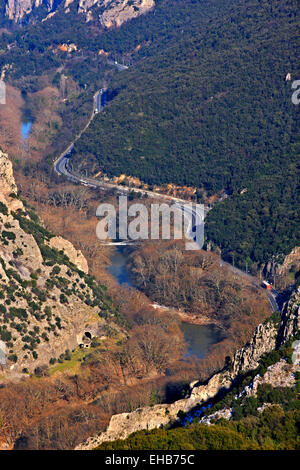 Panoramic view of Pineios (Peneus) river, crossing the Tempi valley ...